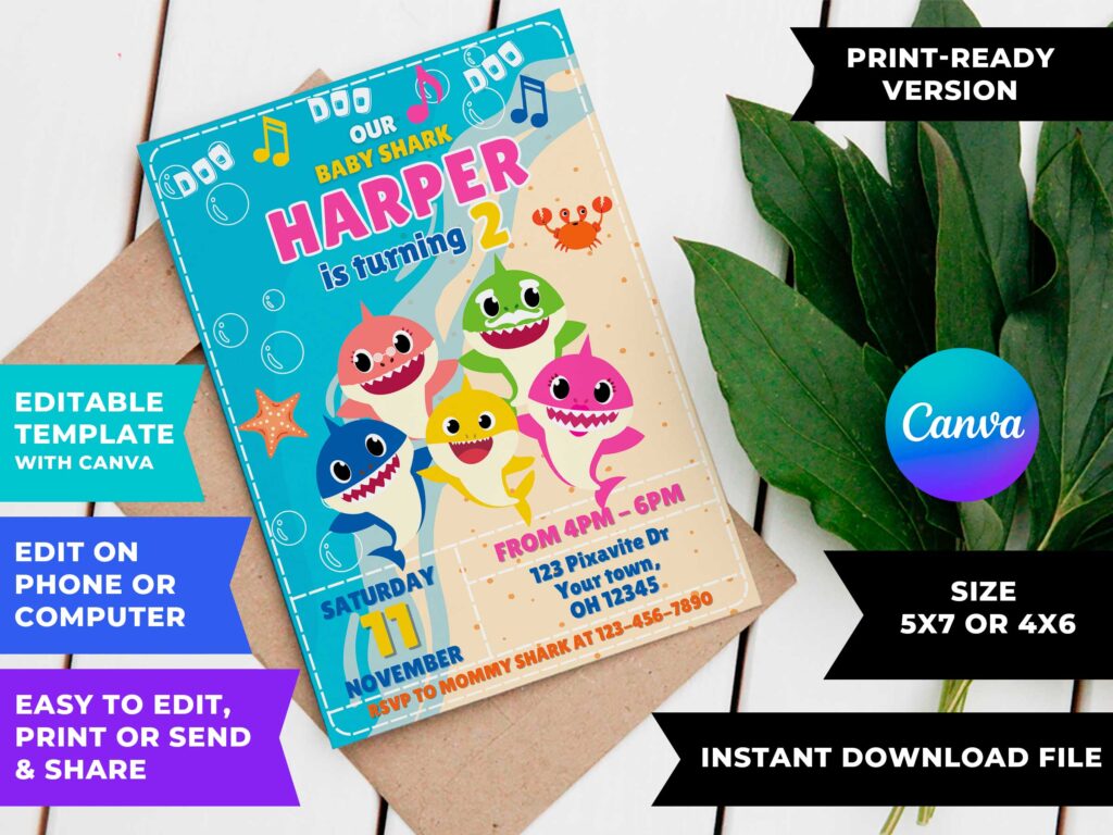 Editable Baby Shark Birthday Invitation Template Adorable Invite