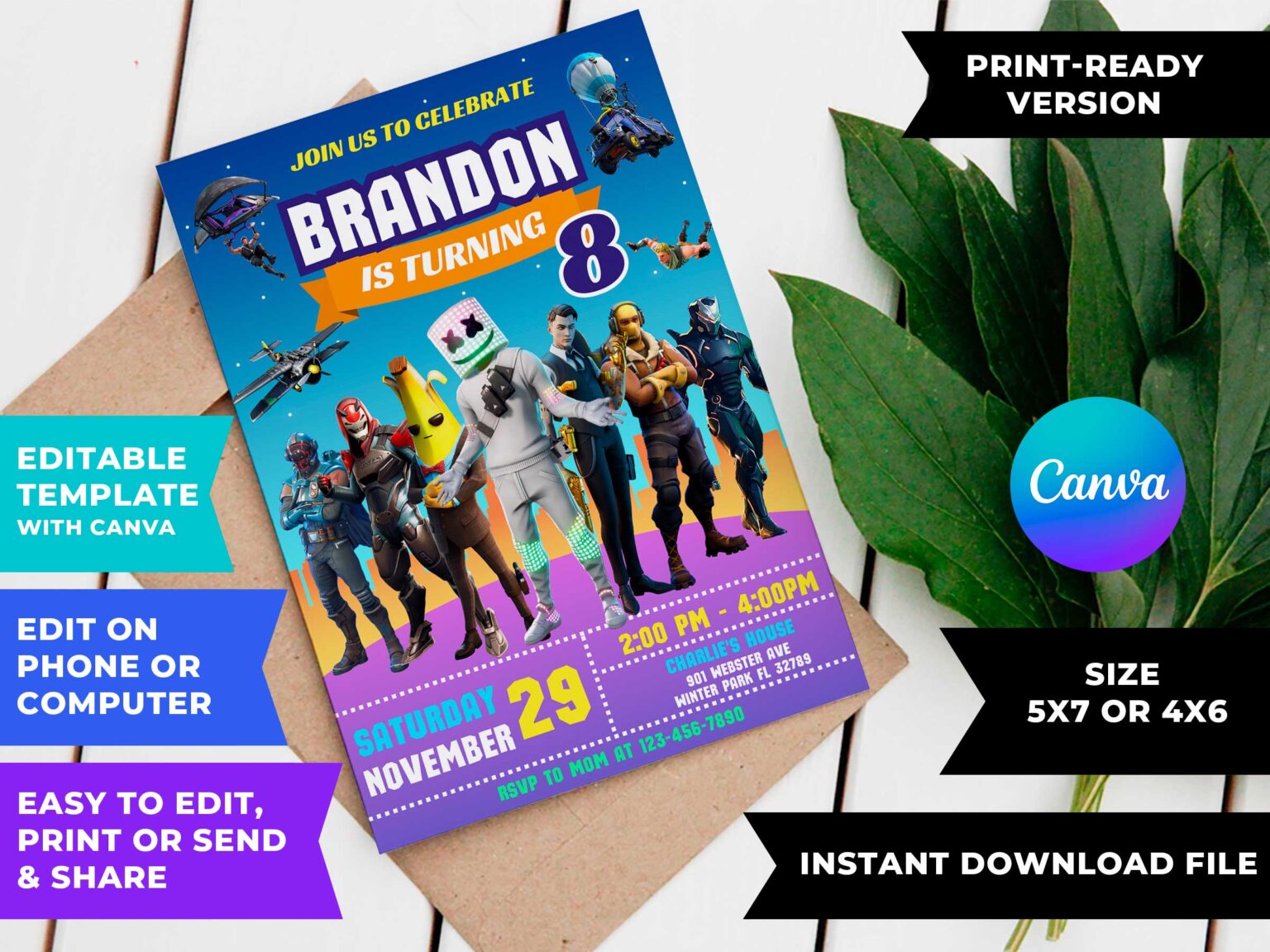 Editable Fortnite Birthday Party Invitation Template | Super Invite