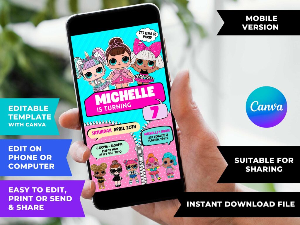 Editable Lol Surprise Dolls Birthday Invitation Template | Sweet Invite