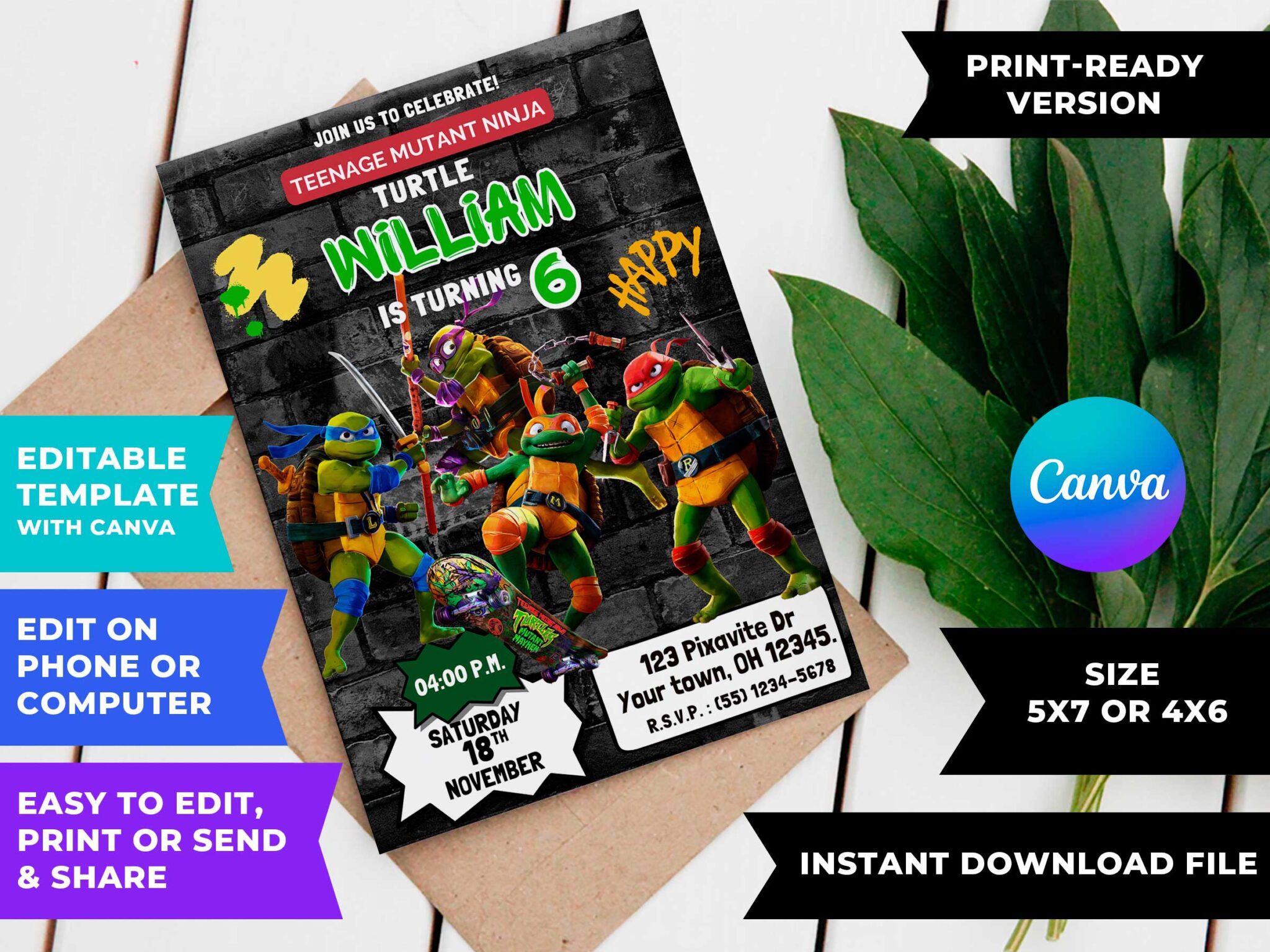 Editable Teenage Mutant Ninja Turtles Mutant Mayhem Birthday Invitation ...