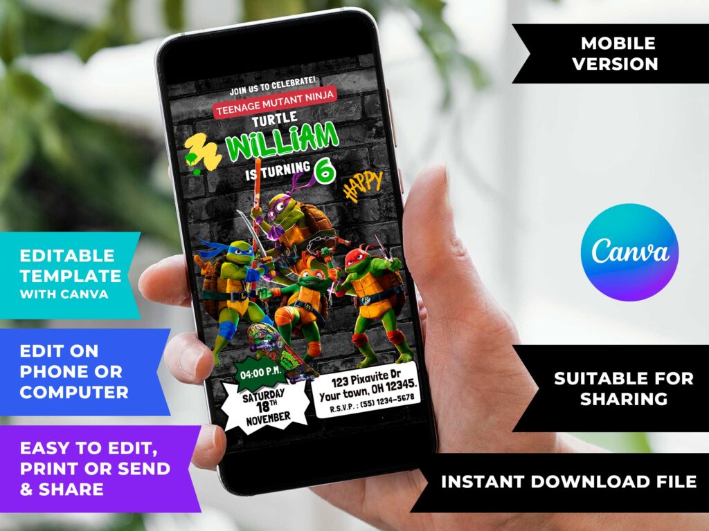 Editable Teenage Mutant Ninja Turtles Mutant Mayhem Birthday Invitation ...