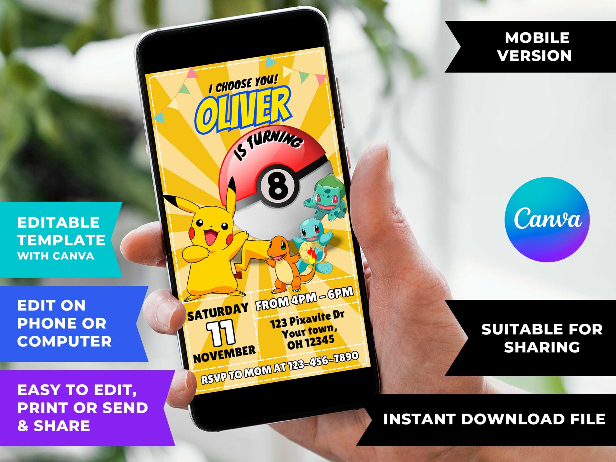 Editable Pokémon Pikachu Birthday Invitation Template | Amazing Invite