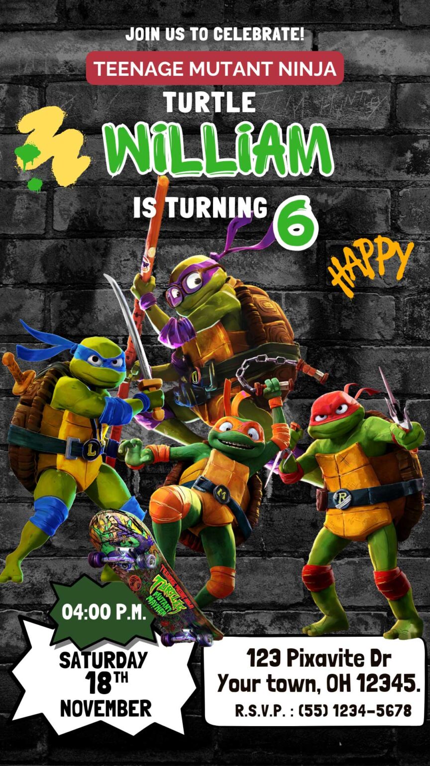Editable Teenage Mutant Ninja Turtles Mutant Mayhem Birthday Invitation ...