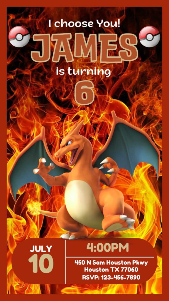 Editable Charizard Birthday Invitation Template | Explosive Invite