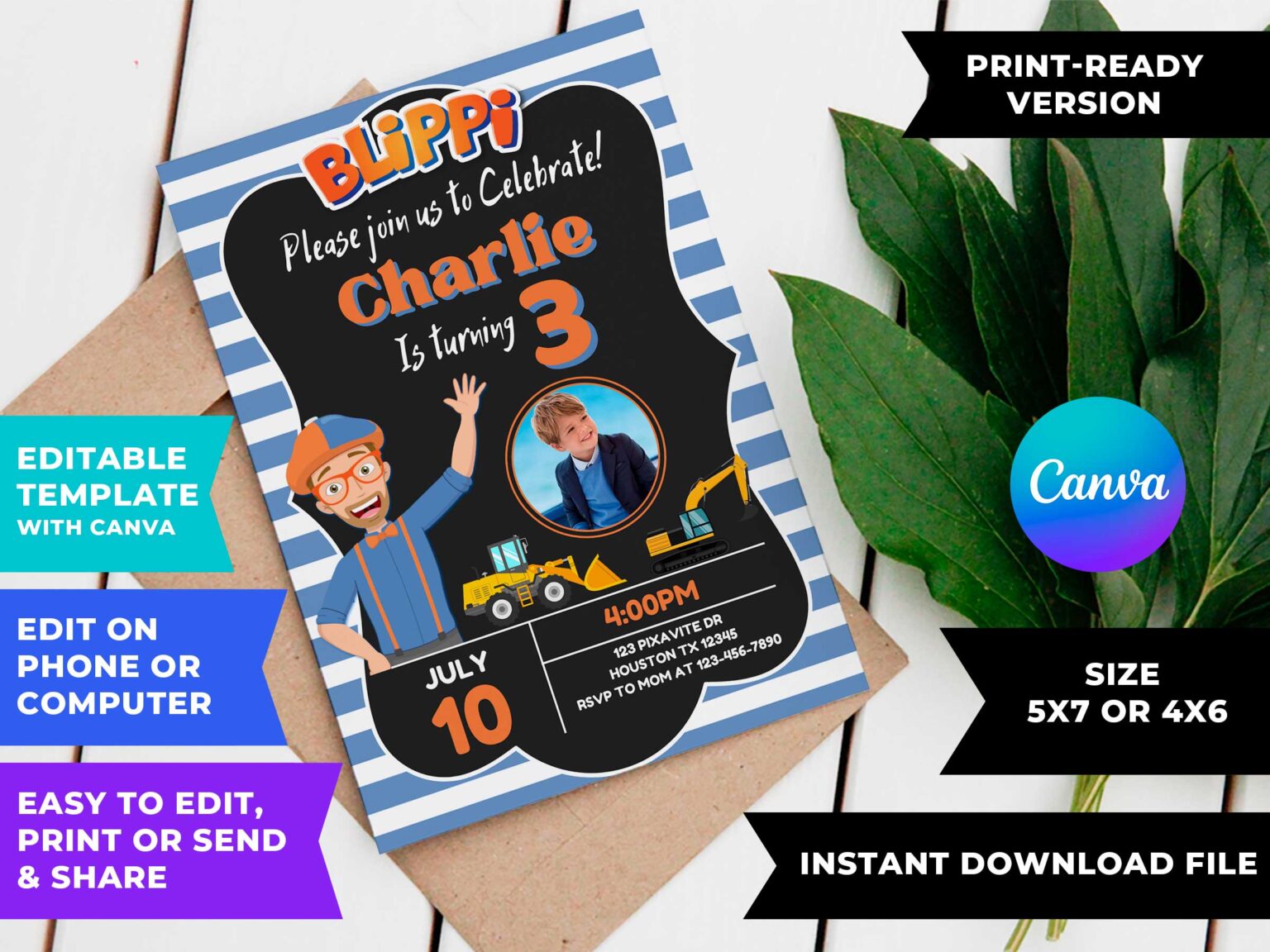 Editable Blippi Birthday Invitation Template | Adorable Invite