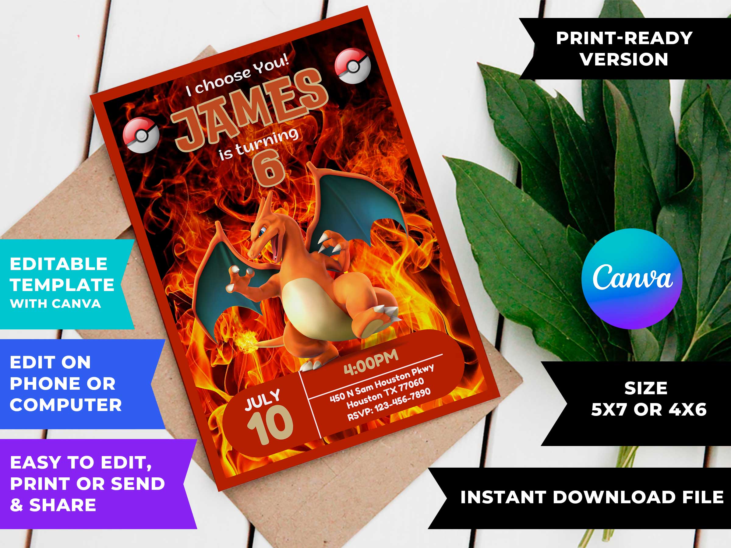 Editable Charizard Birthday Invitation Template | Explosive Invite
