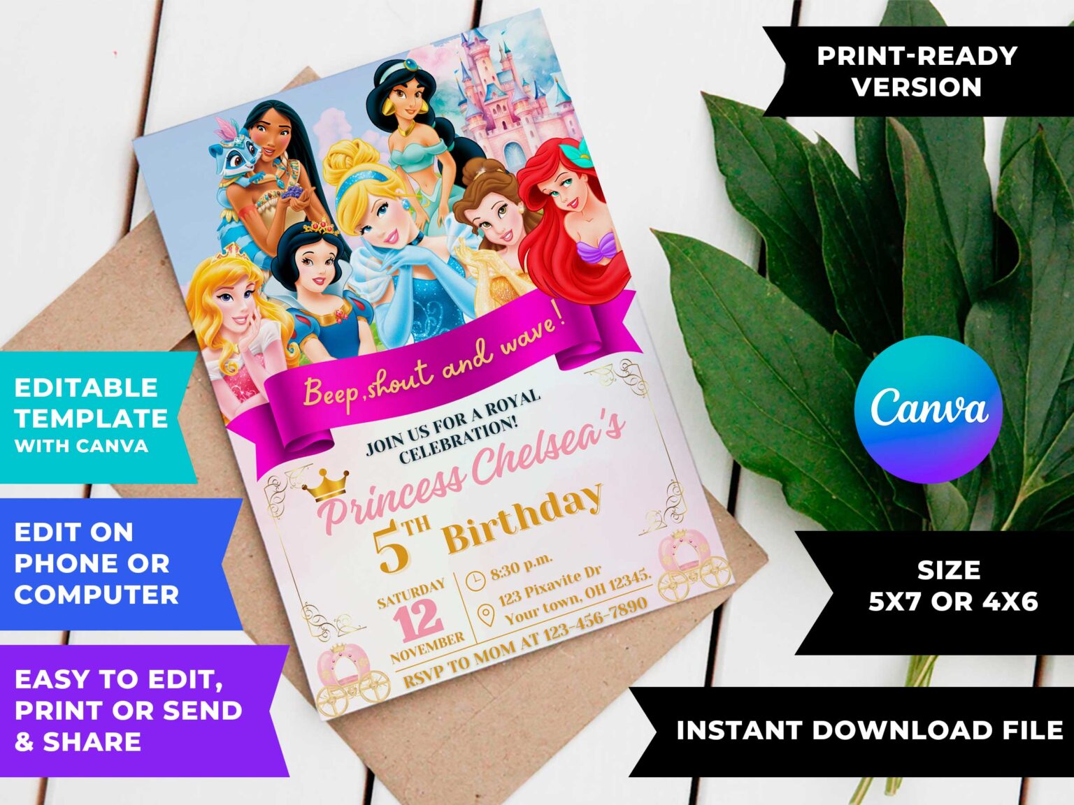Editable Disney Princess Birthday Invitation Template | Beautiful Invite