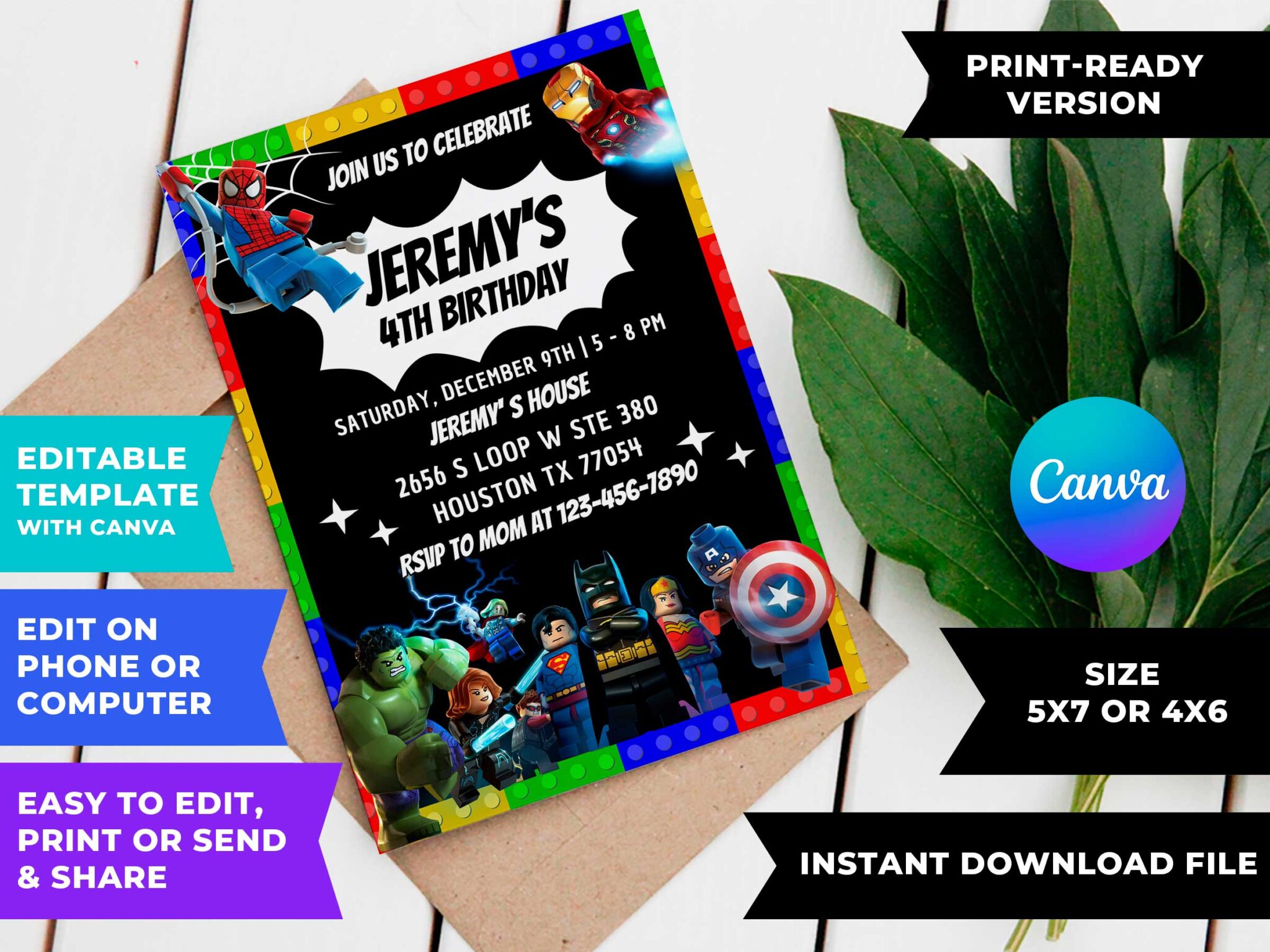Editable Lego Marvel Super Heroes Birthday Invitation Template ...