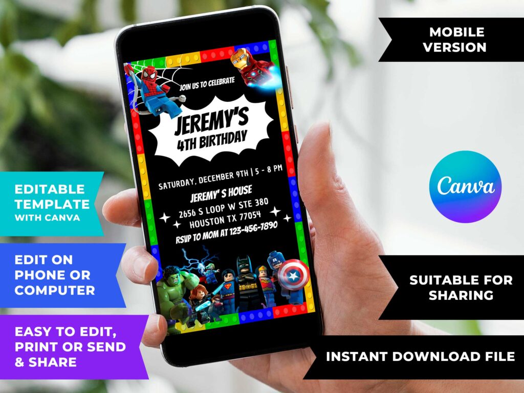 Editable Lego Marvel Super Heroes Birthday Invitation Template ...
