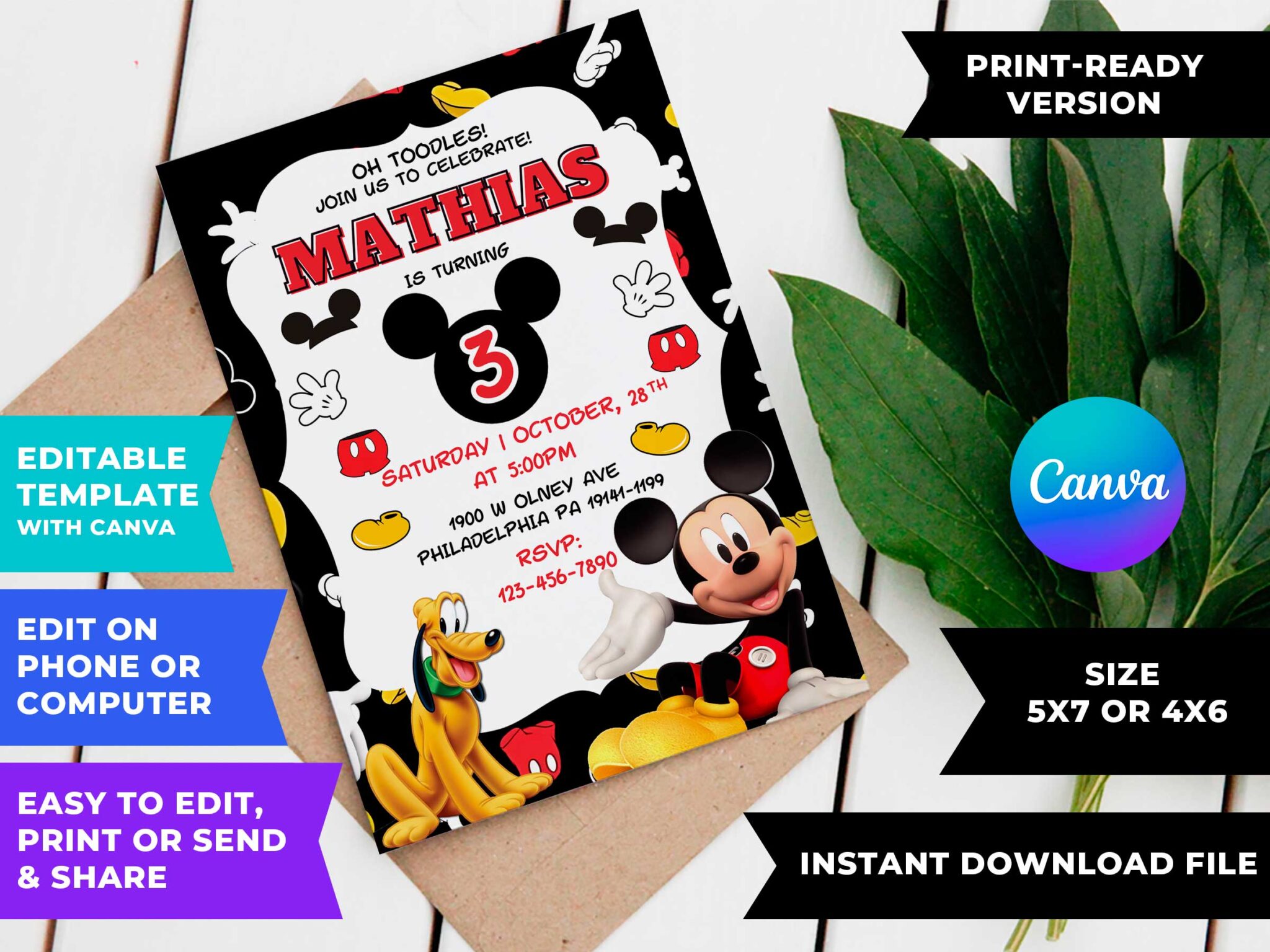 Editable Mickey Mouse Birthday Invite Template | Adorable Invitation