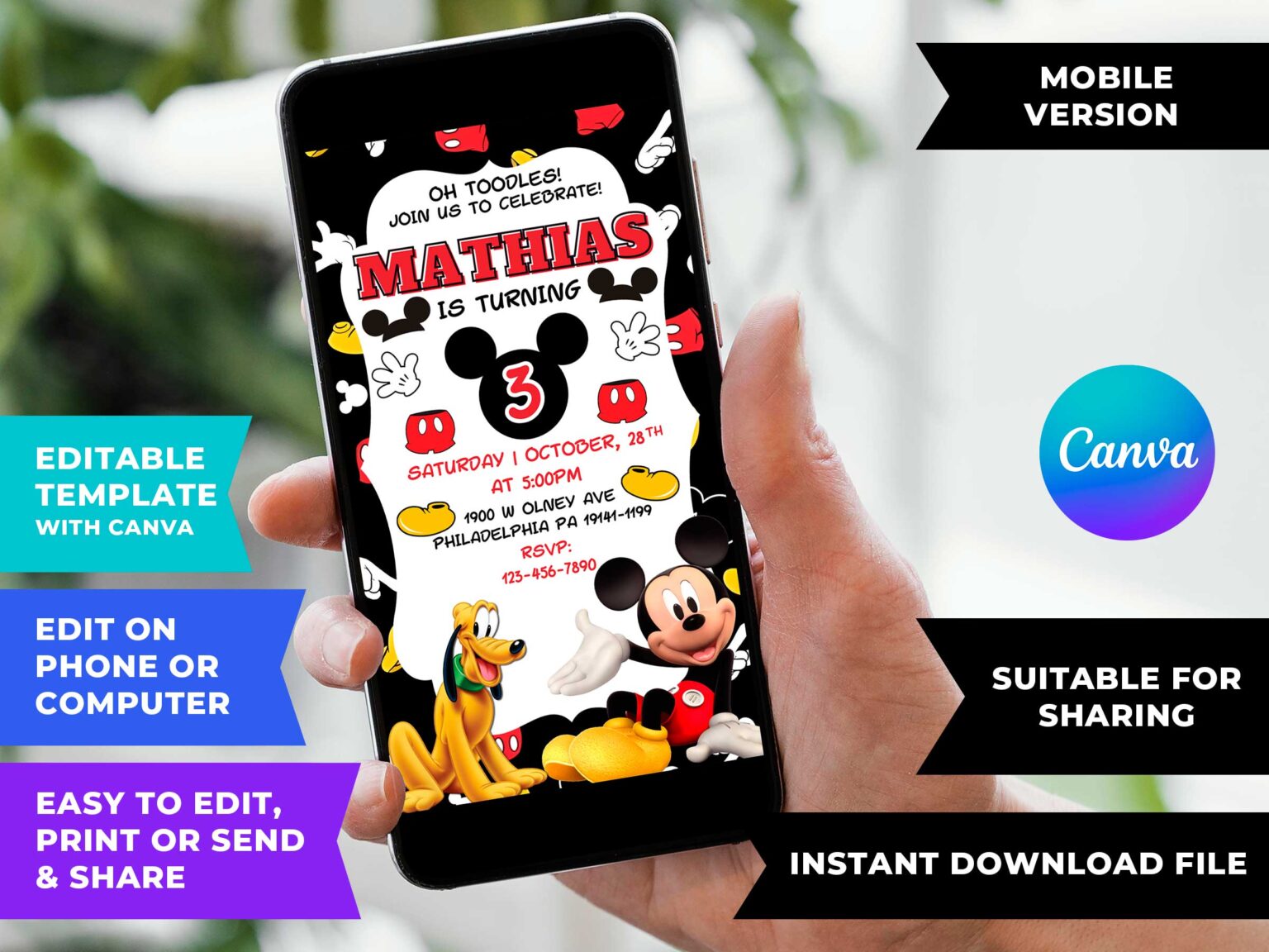 Editable Mickey Mouse Birthday Invite Template | Adorable Invitation