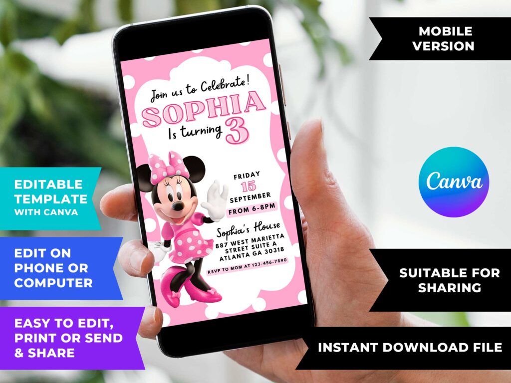 Editable Minnie Mouse Birthday Invitation Template | Lovely Invite