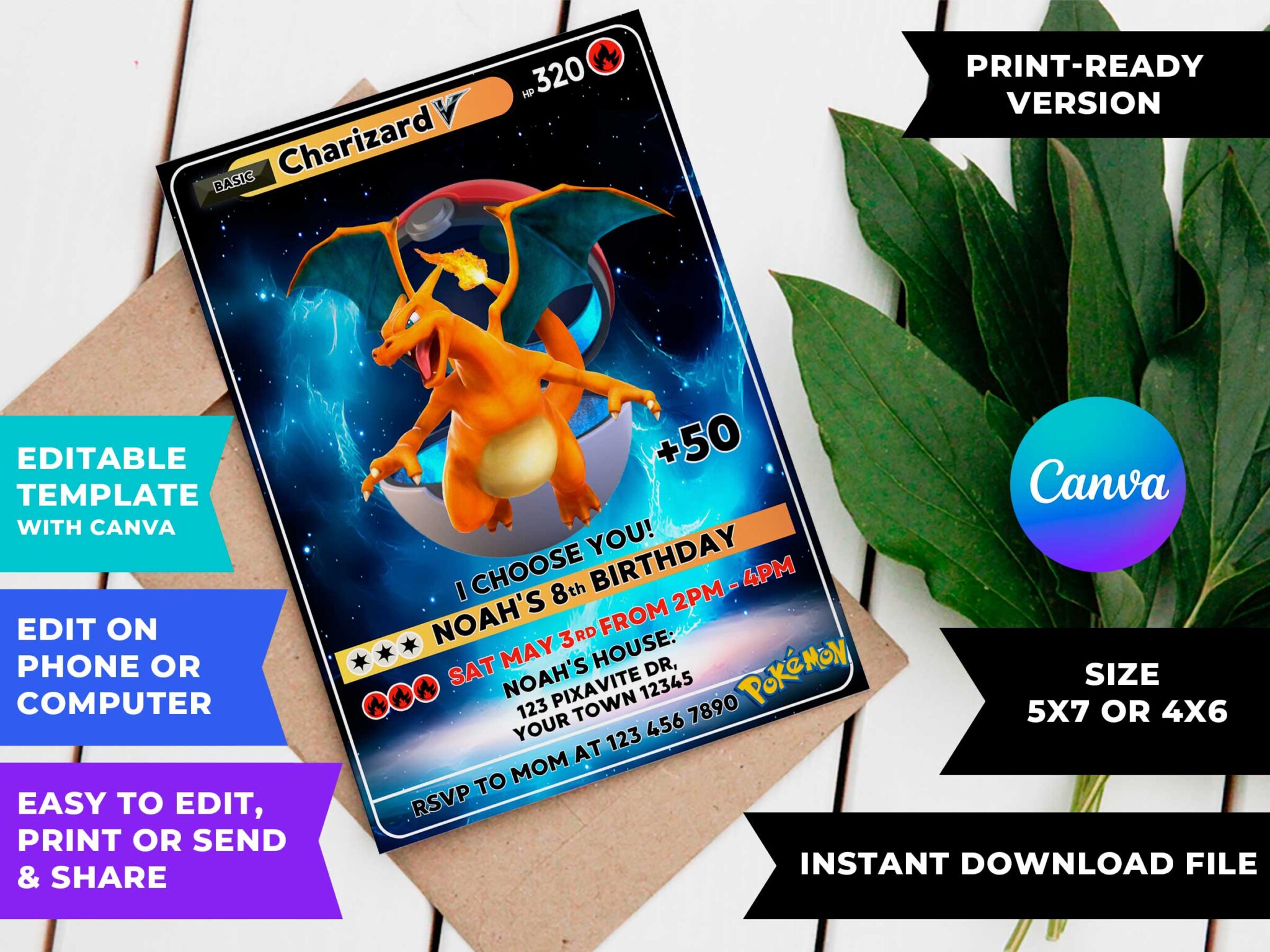 Editable Charizard Birthday Invite Template | Wonderful Invitation