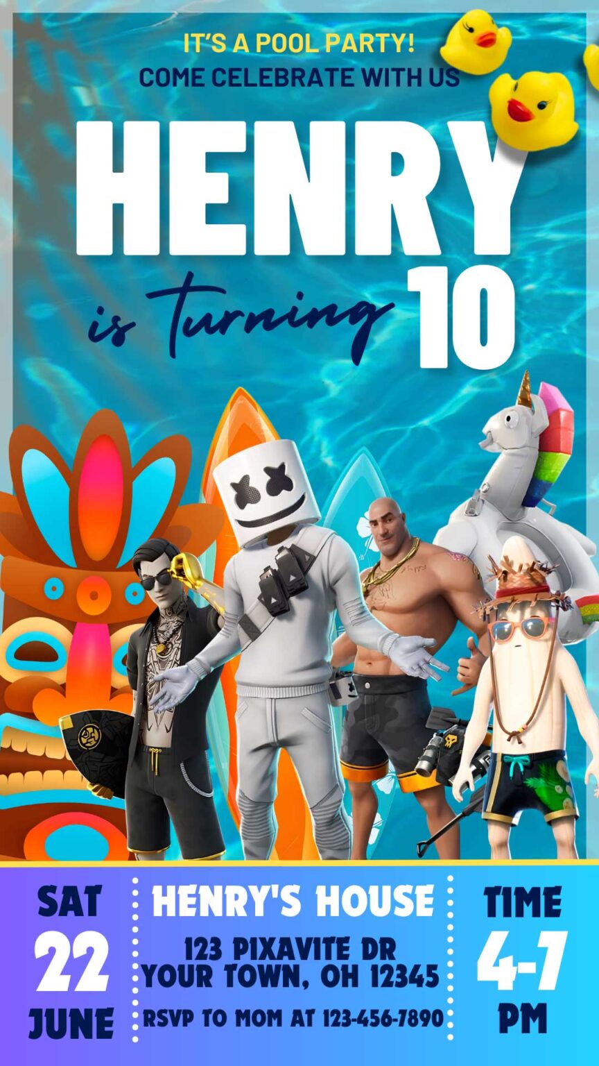 Editable Fortnite Pool Party Invitation Template | Awesome Invite