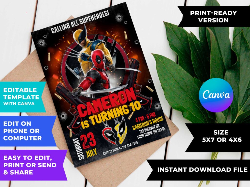 Editable Deadpool and Wolverine Birthday Invitation Template | Amazing ...