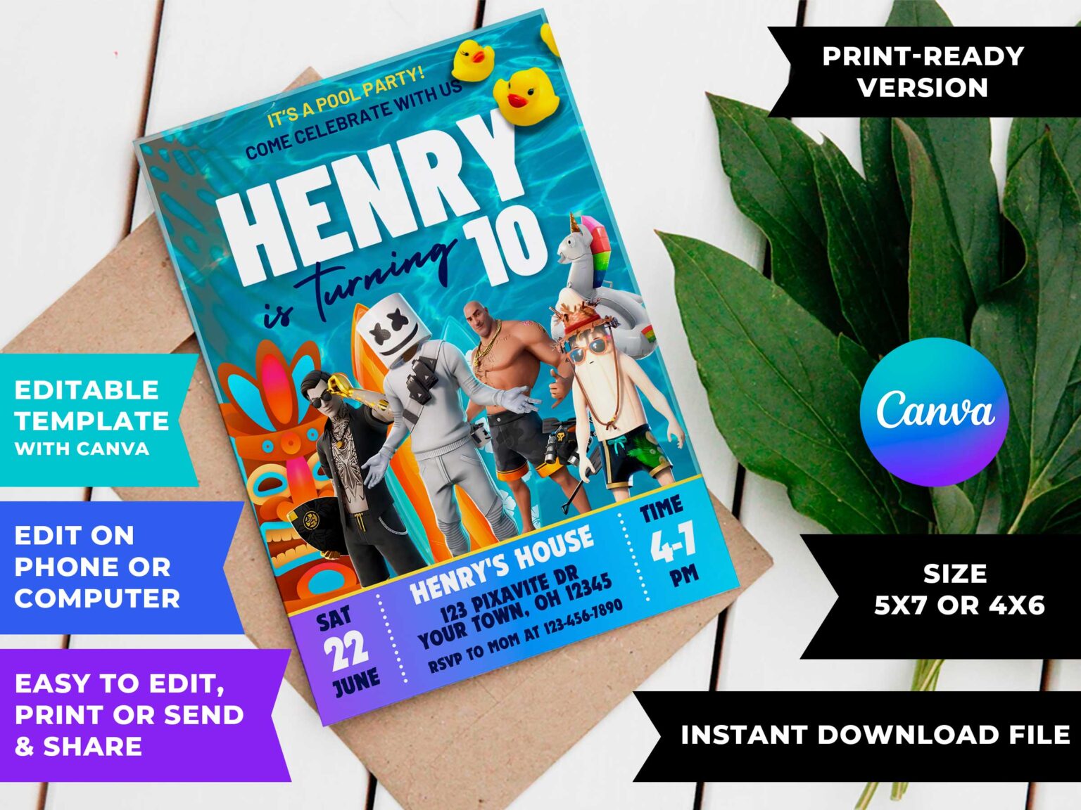 Editable Fortnite Pool Party Invitation Template | Awesome Invite