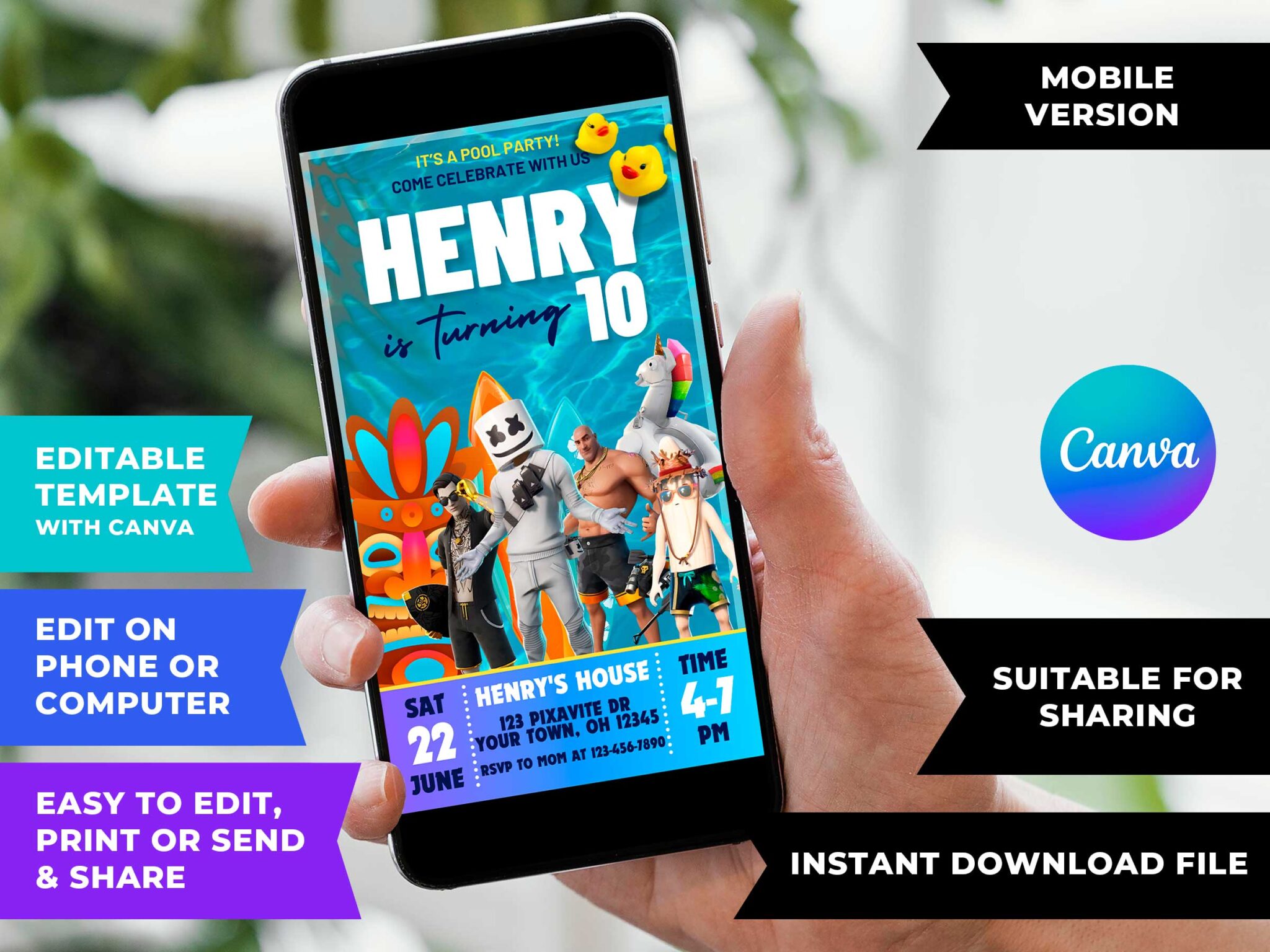 Editable Fortnite Pool Party Invitation Template | Awesome Invite