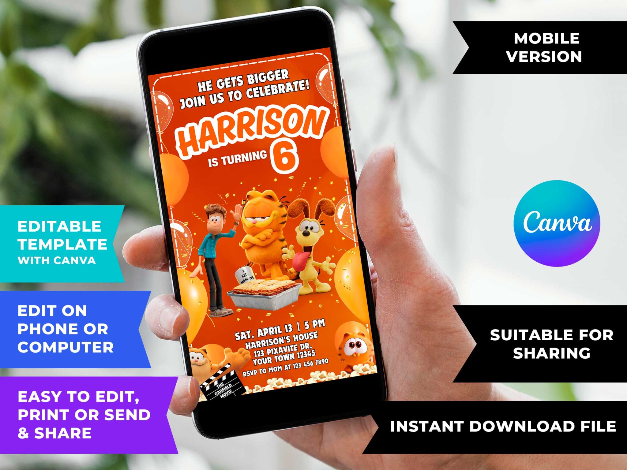 Editable The Garfield Movie Birthday Invitation Template | Wonderful Invite