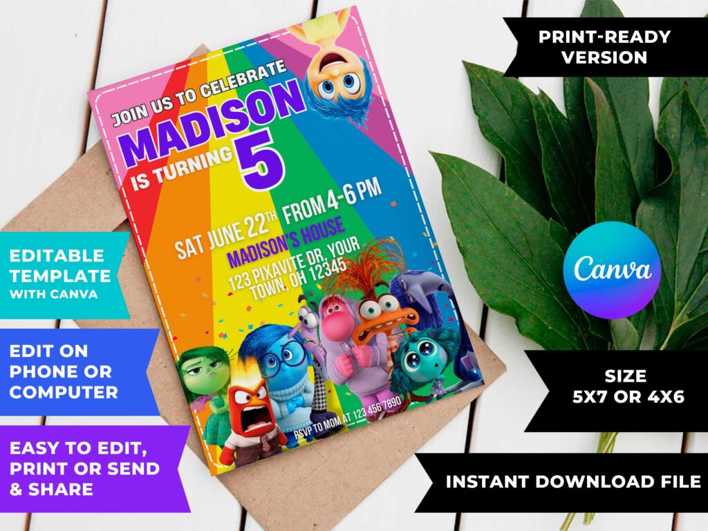 Editable Inside Out 2 Birthday Invitation Template | Sweet Invite