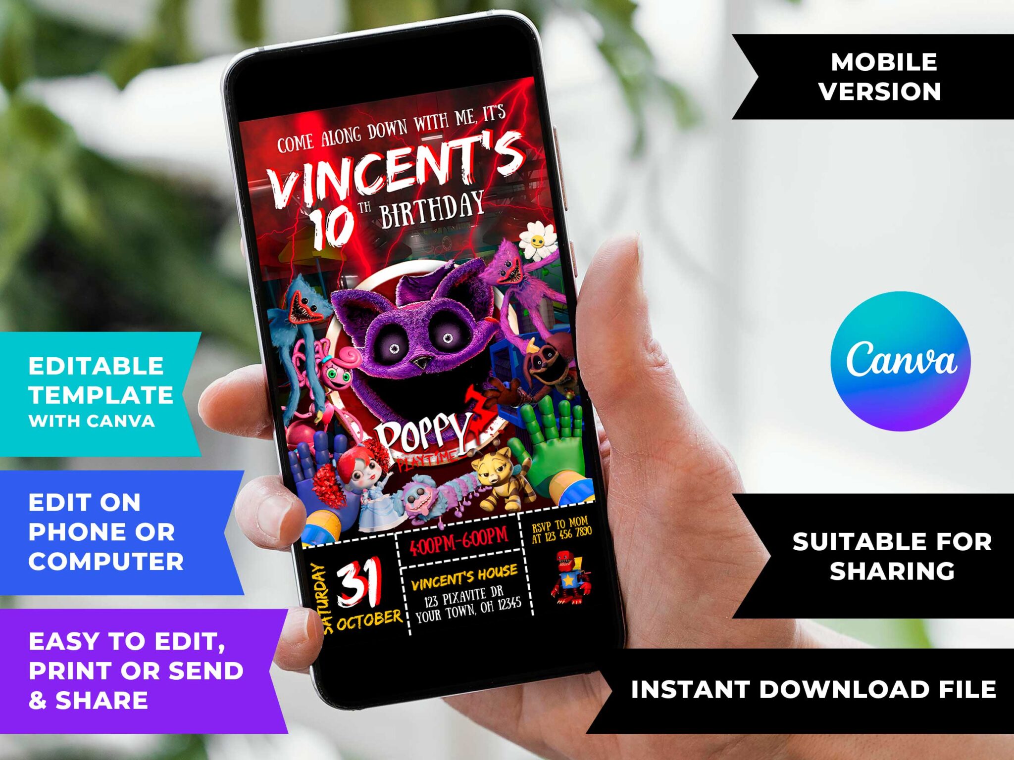 Editable Poppy Playtime 3 Birthday Invitation Template | Terrific Invite