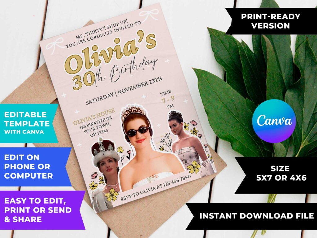 Editable The Princess Diaries Birthday Invitation Template | Sweet Invite