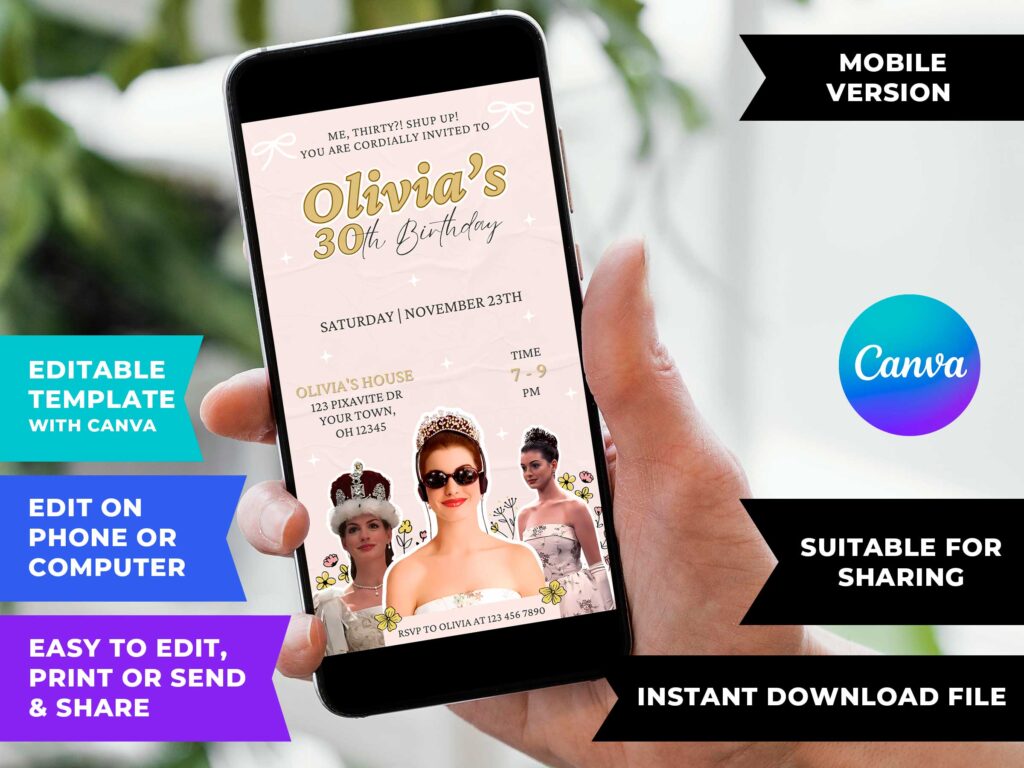 Editable The Princess Diaries Birthday Invitation Template | Sweet Invite