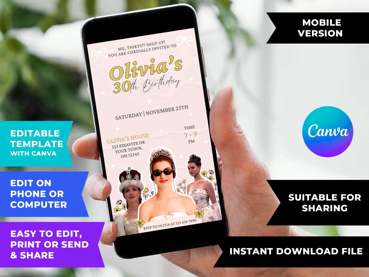 Editable The Princess Diaries Birthday Invitation Template | Sweet Invite