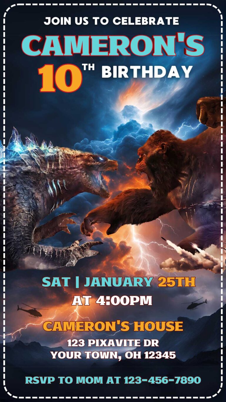 Editable Godzilla vs Kong Birthday Invitation Template | Terrific Invite