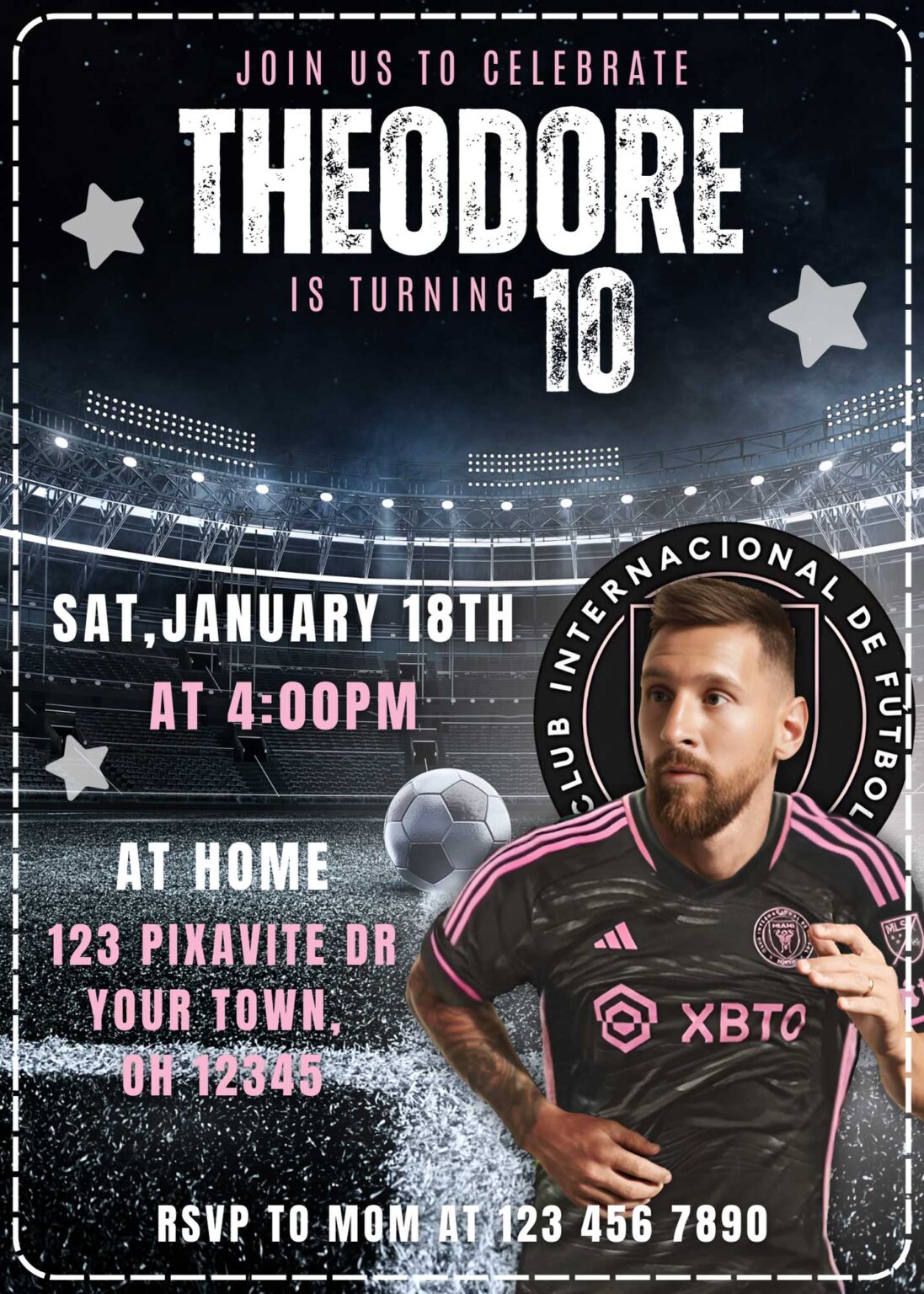 Editable Messi Inter Miami Birthday Invitation Template | Fantastic Invite