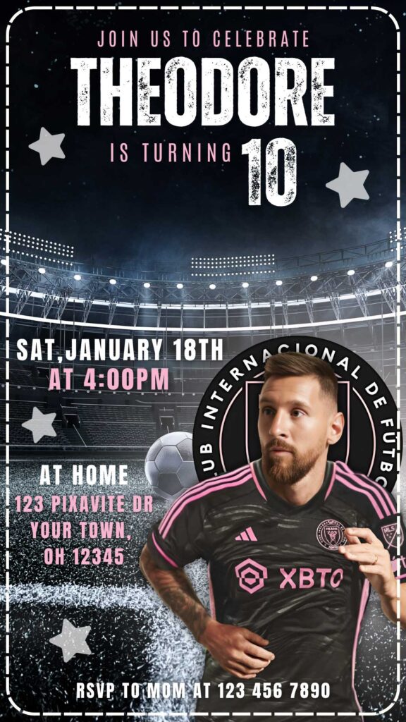 Editable Messi Inter Miami Birthday Invitation Template | Fantastic Invite