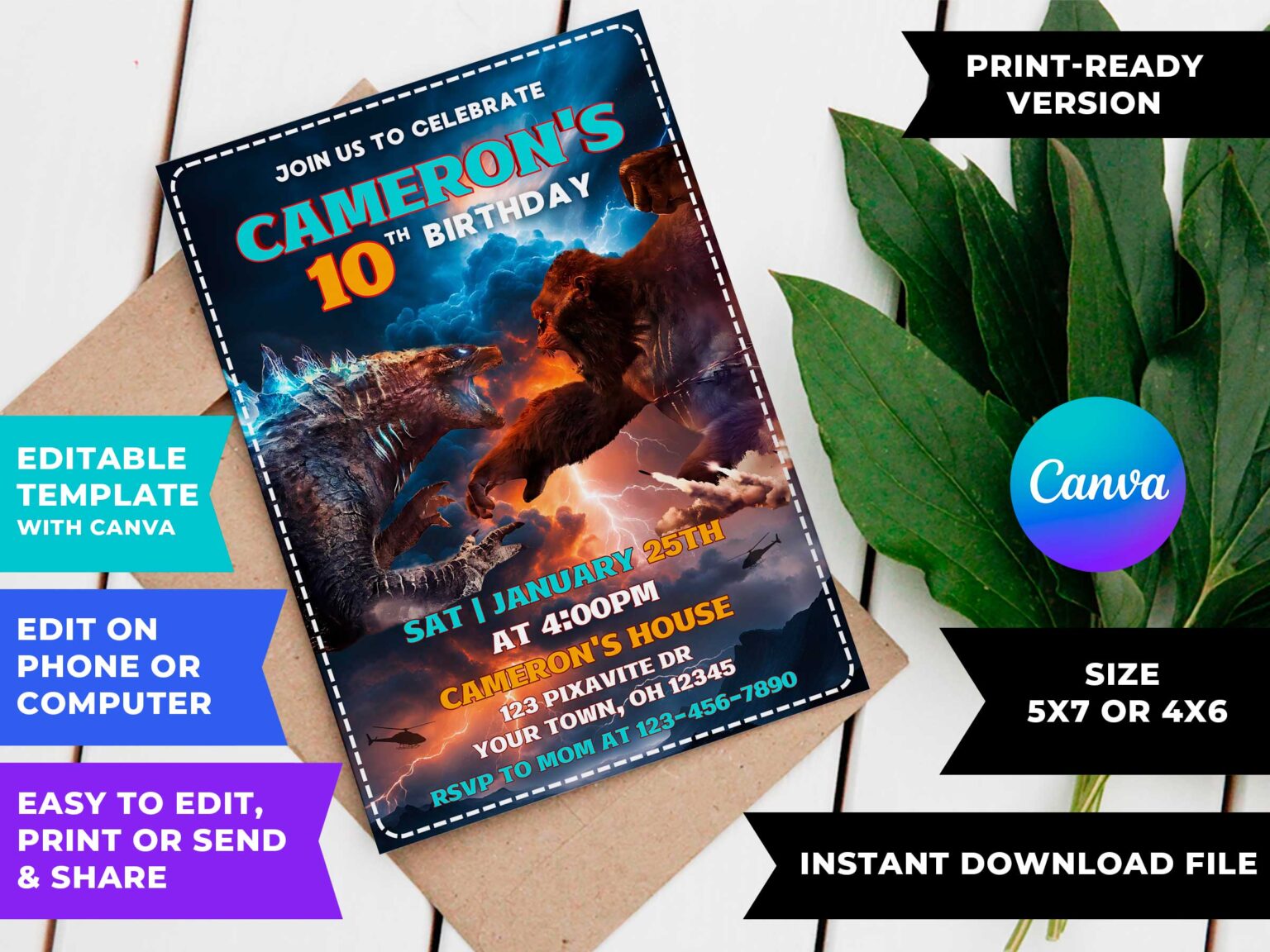 Editable Godzilla vs Kong Birthday Invitation Template | Terrific Invite