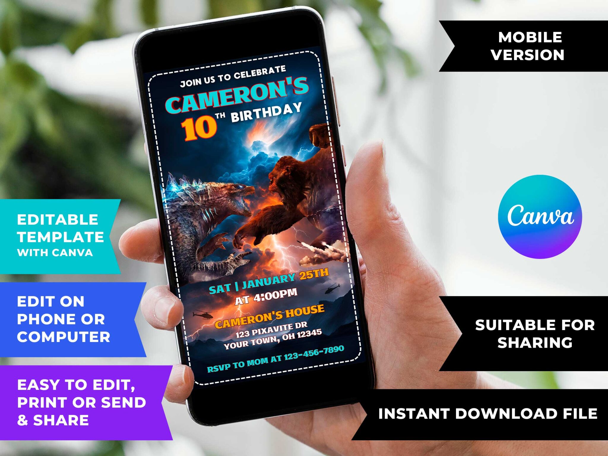 Editable Godzilla vs Kong Birthday Invitation Template | Terrific Invite