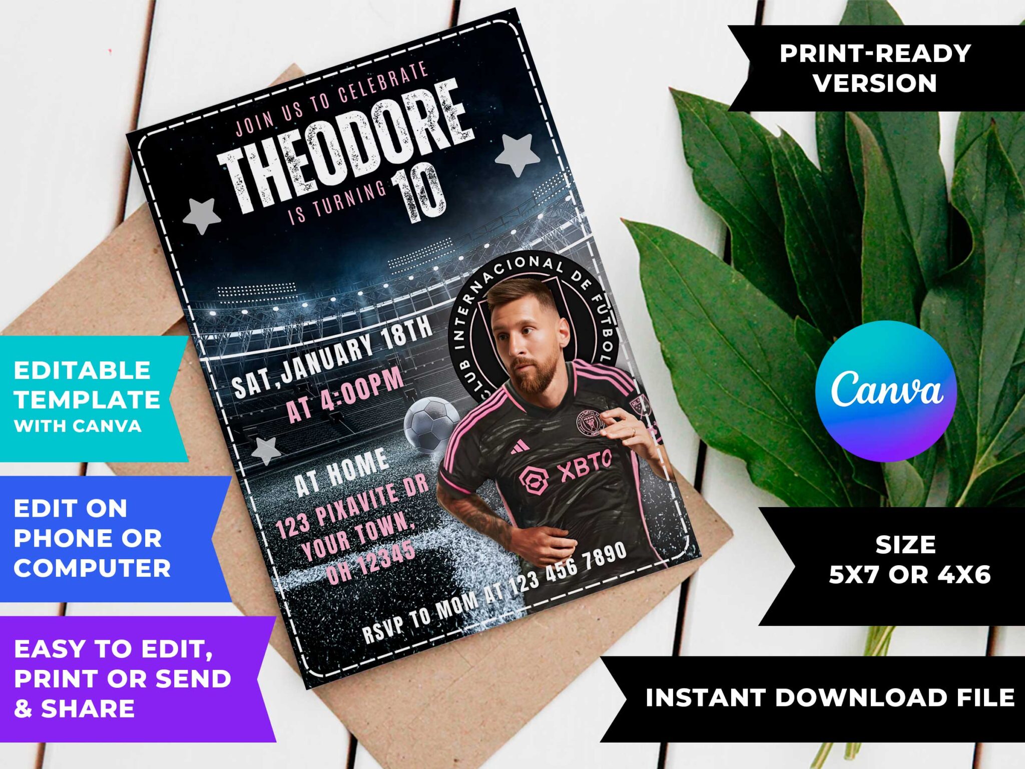 Editable Messi Inter Miami Birthday Invitation Template | Fantastic Invite