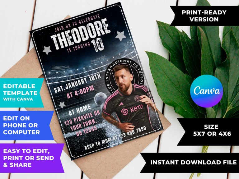 Editable Messi Inter Miami Birthday Invitation Template | Fantastic Invite