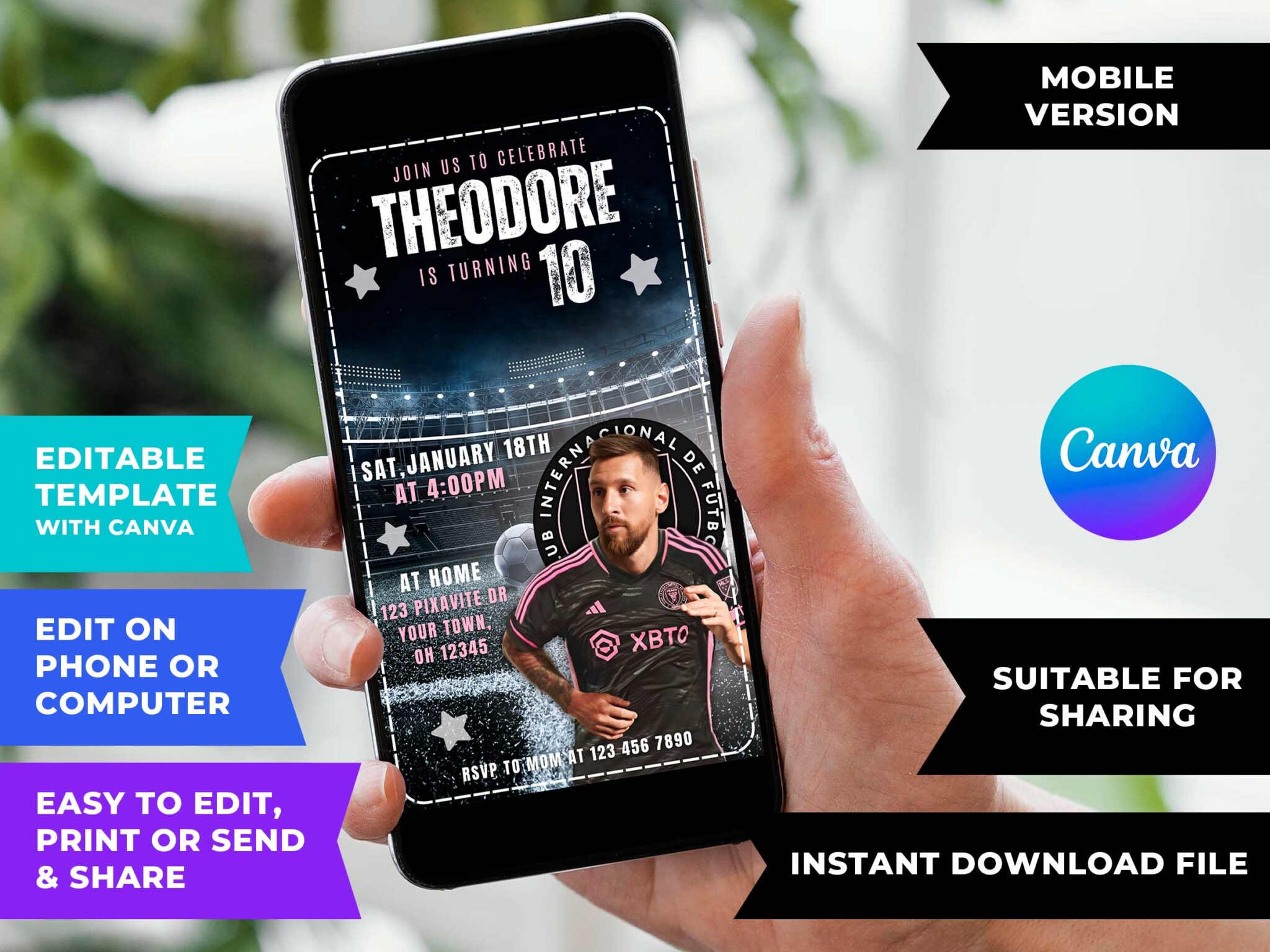 Editable Messi Inter Miami Birthday Invitation Template | Fantastic Invite