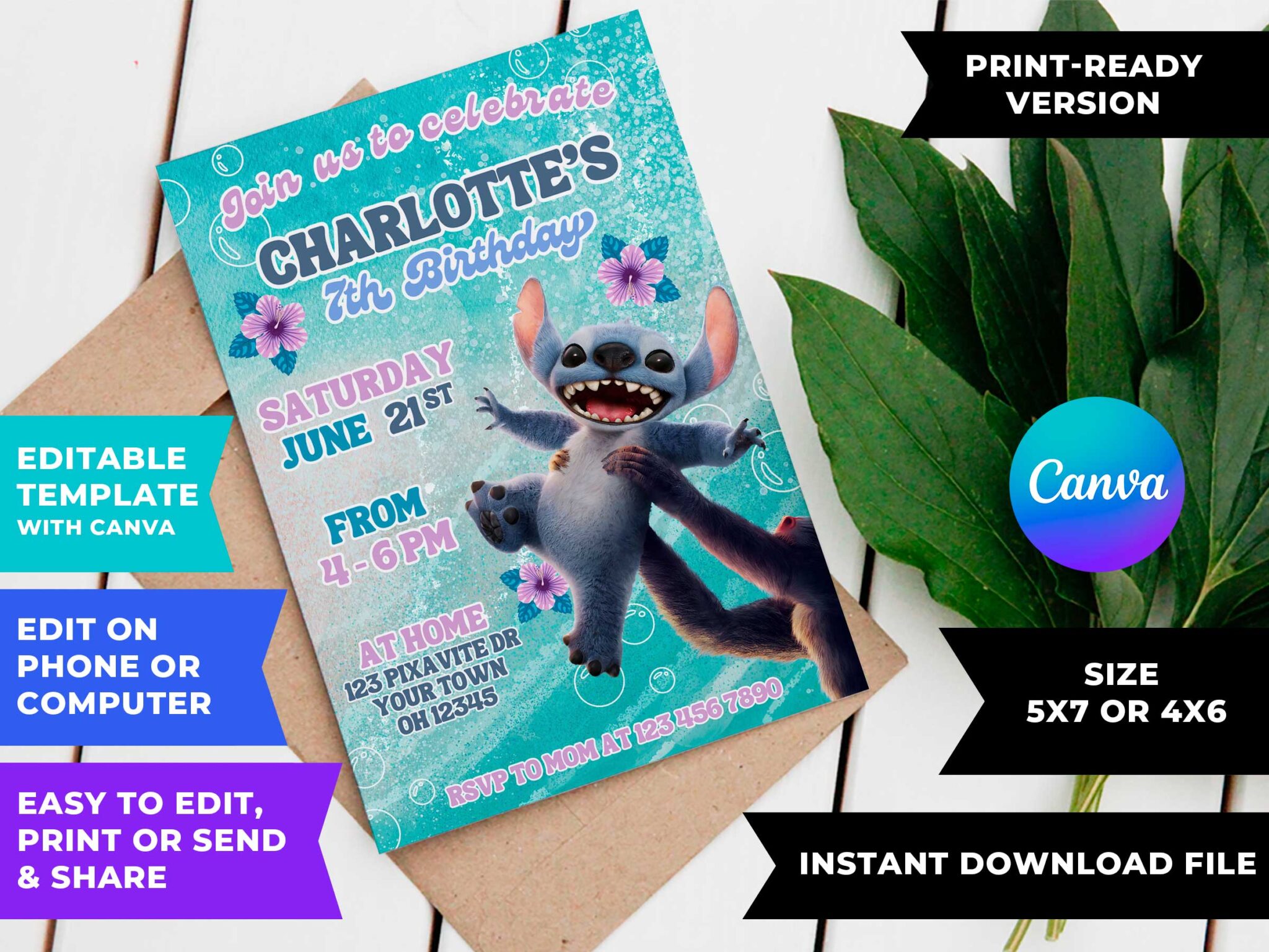 Editable Stitch 2025 Birthday Invitation Template | Cute Invite