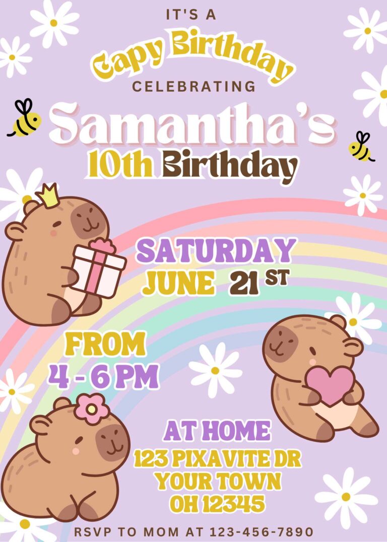 Editable Capybara Birthday Invitation Template | Sweet Invite