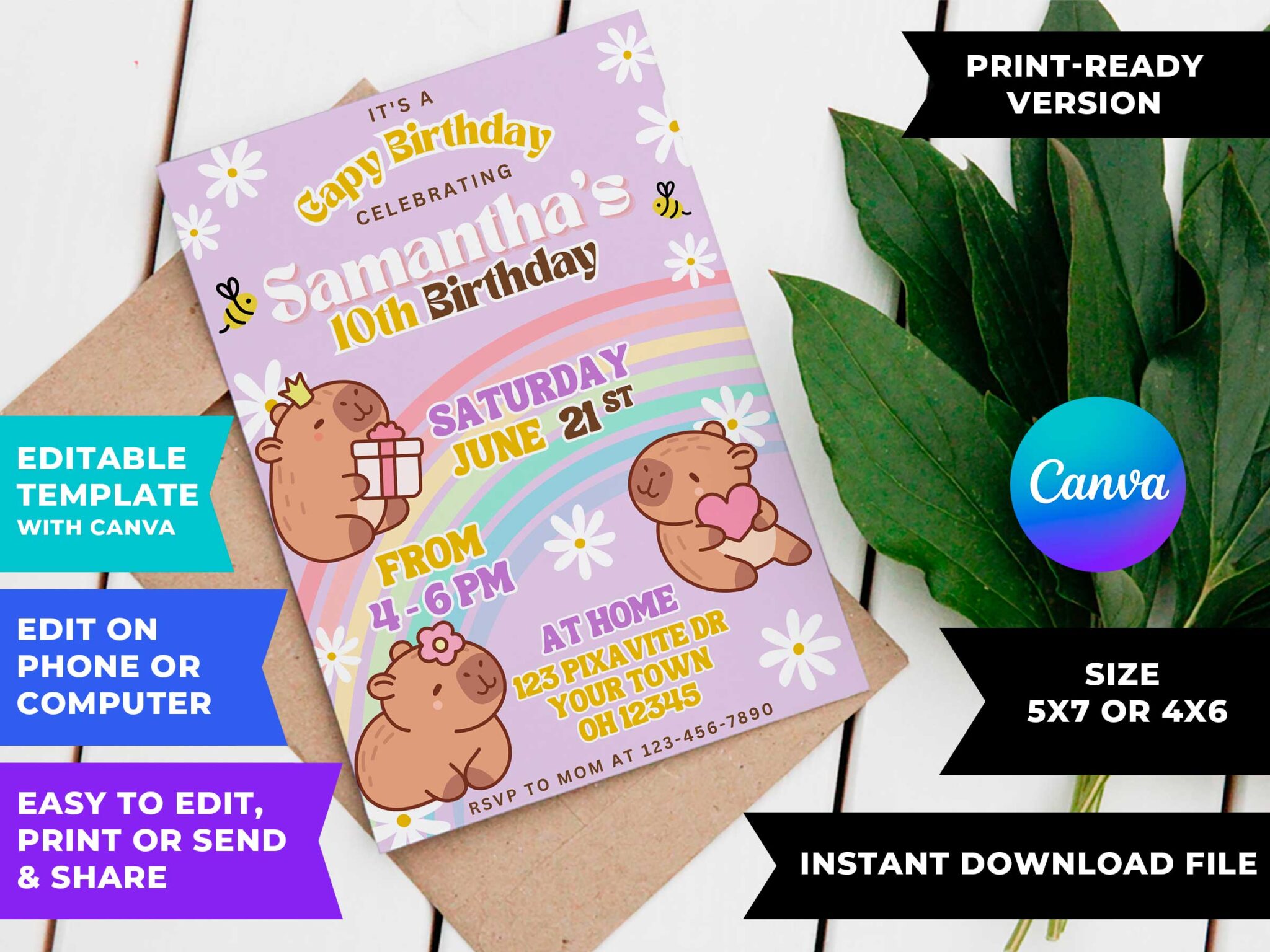 Editable Capybara Birthday Invitation Template | Sweet Invite