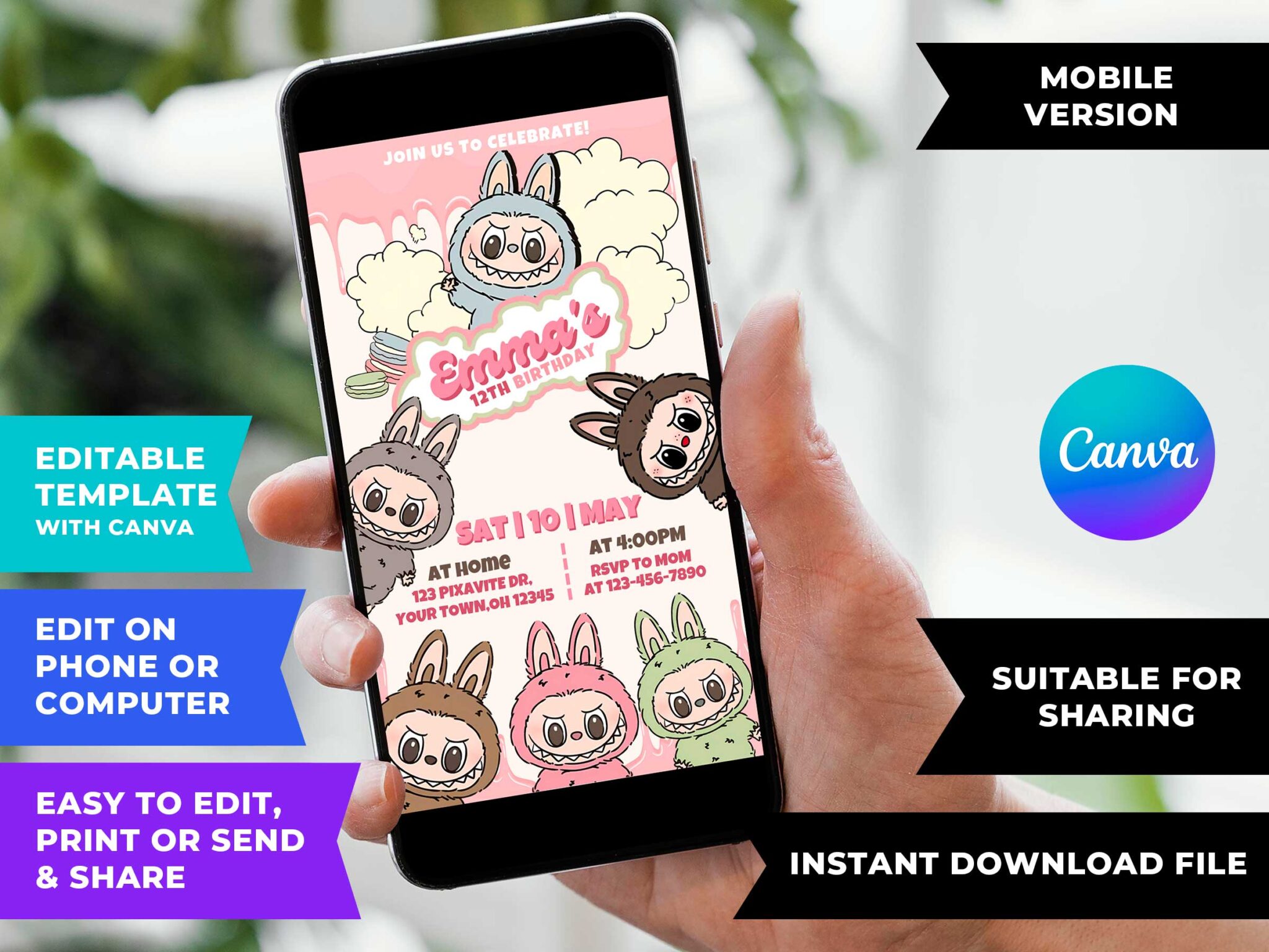 Editable Labubu Birthday Invitation Template | Sweet Invite