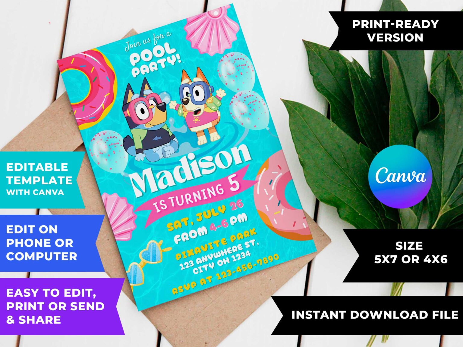 Editable Bluey Pool Party Invitation Template | Sweet Invite